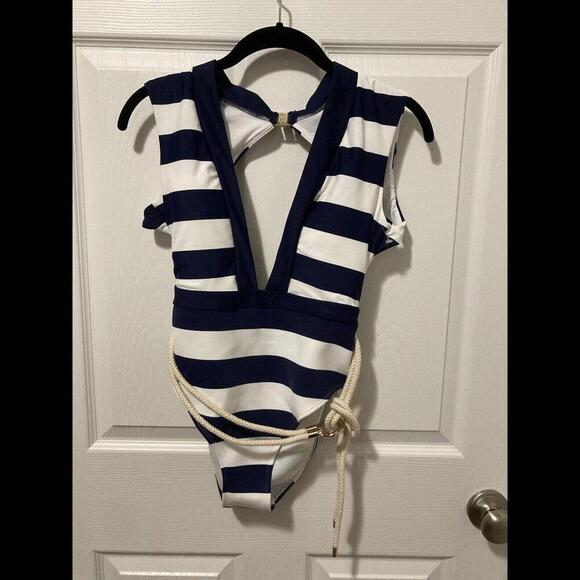 River Island | Swim | River Island Navywhite Striped Swimsuit Plunge ...